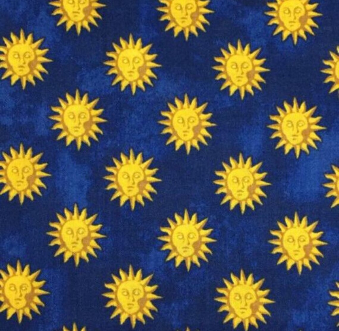 1990s CELESTIAL Sun Face Fabric Blue Yellow Cotton Quilting Vtg Y2K ...