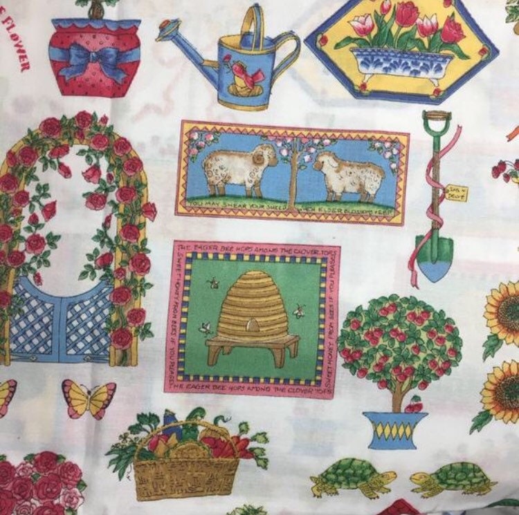 Gardening Scenes Fabric Topiary Sun Tools Garden Wishing Well Birdbath ...