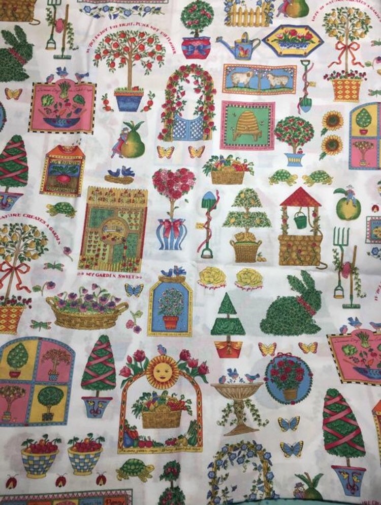 Gardening Scenes Fabric Topiary Sun Tools Garden Wishing Well Birdbath ...