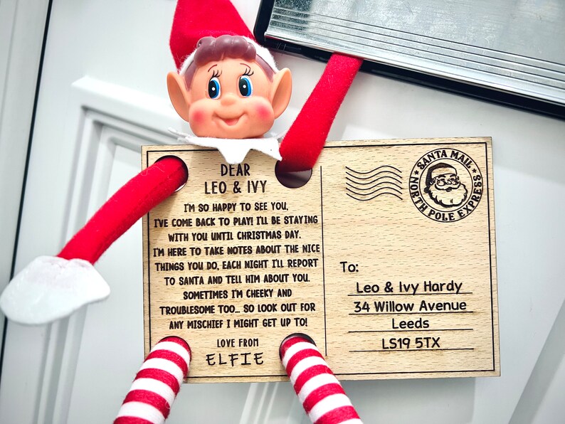 Elf Arrival Postcard Wooden Christmas Card Personalised - Etsy