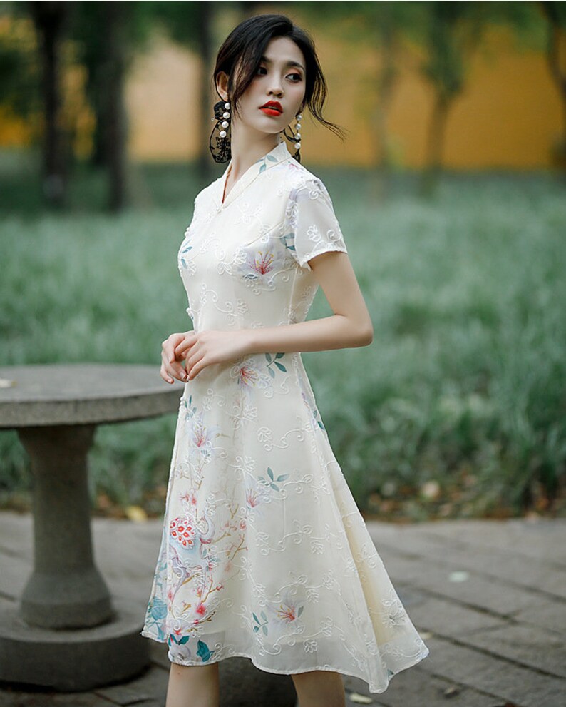 V-neck Cheongsam Dress Deer Print Qipao Slim Cheongsam Modern Qipao ...