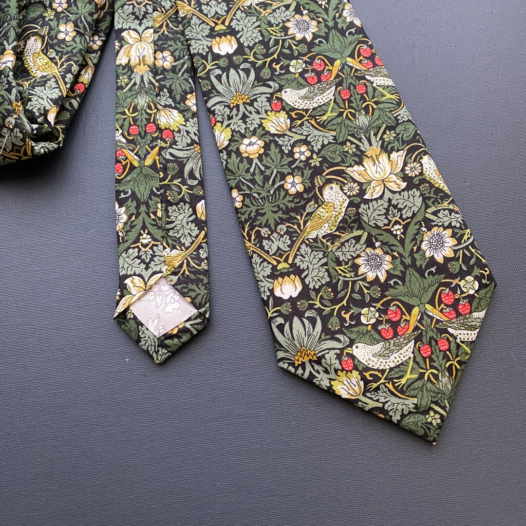 Liberty Necktie in Green / Black Strawberry Thief Birds Motif ...