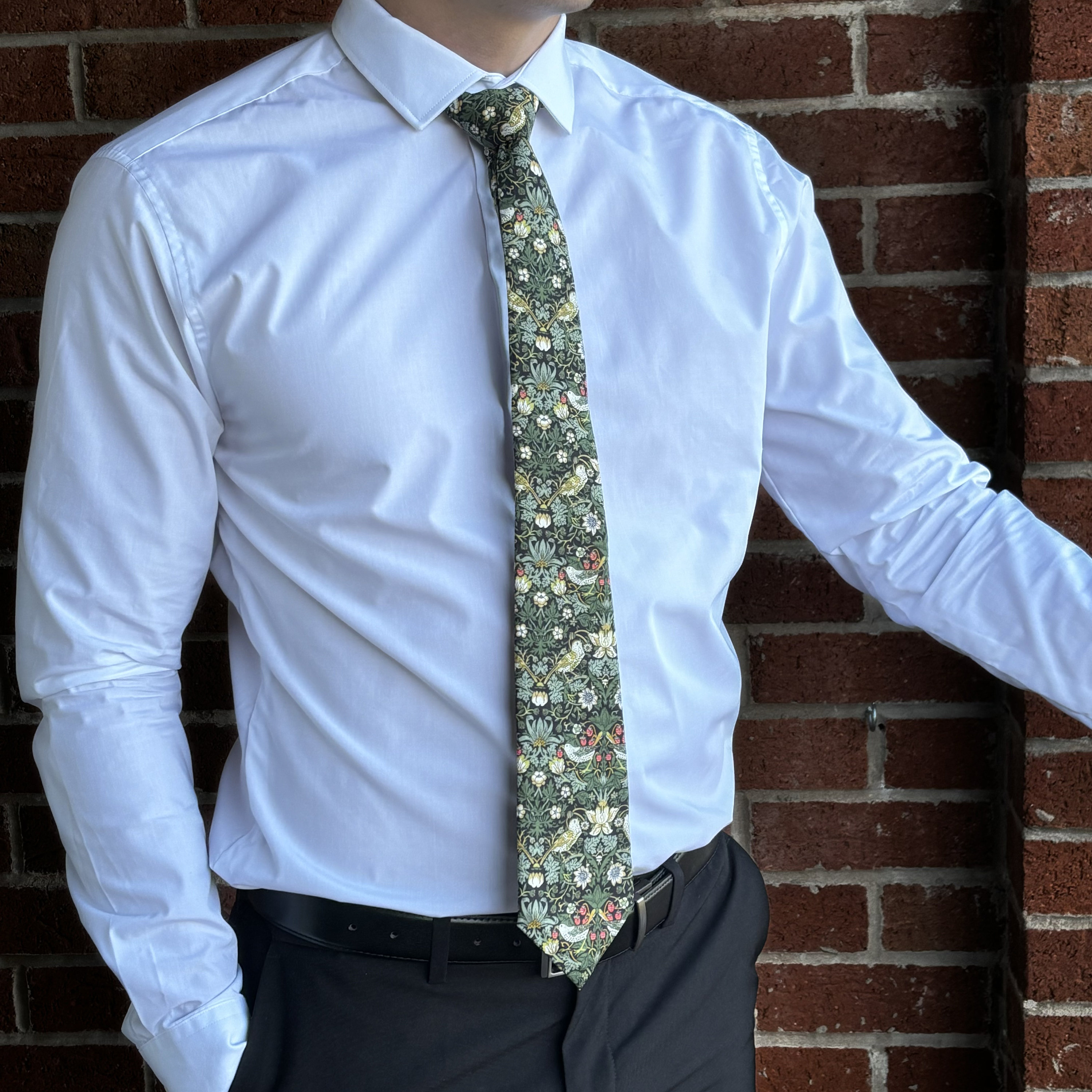 Liberty Necktie in Green / Black Strawberry Thief Birds Motif ...