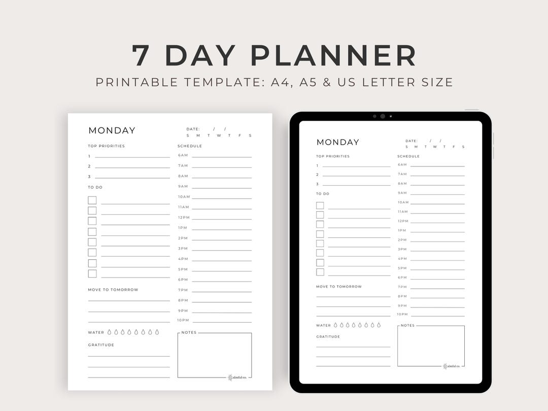 7 Day Planner Printable PDF Daily Planner Weekly Planner Schedule to Do ...