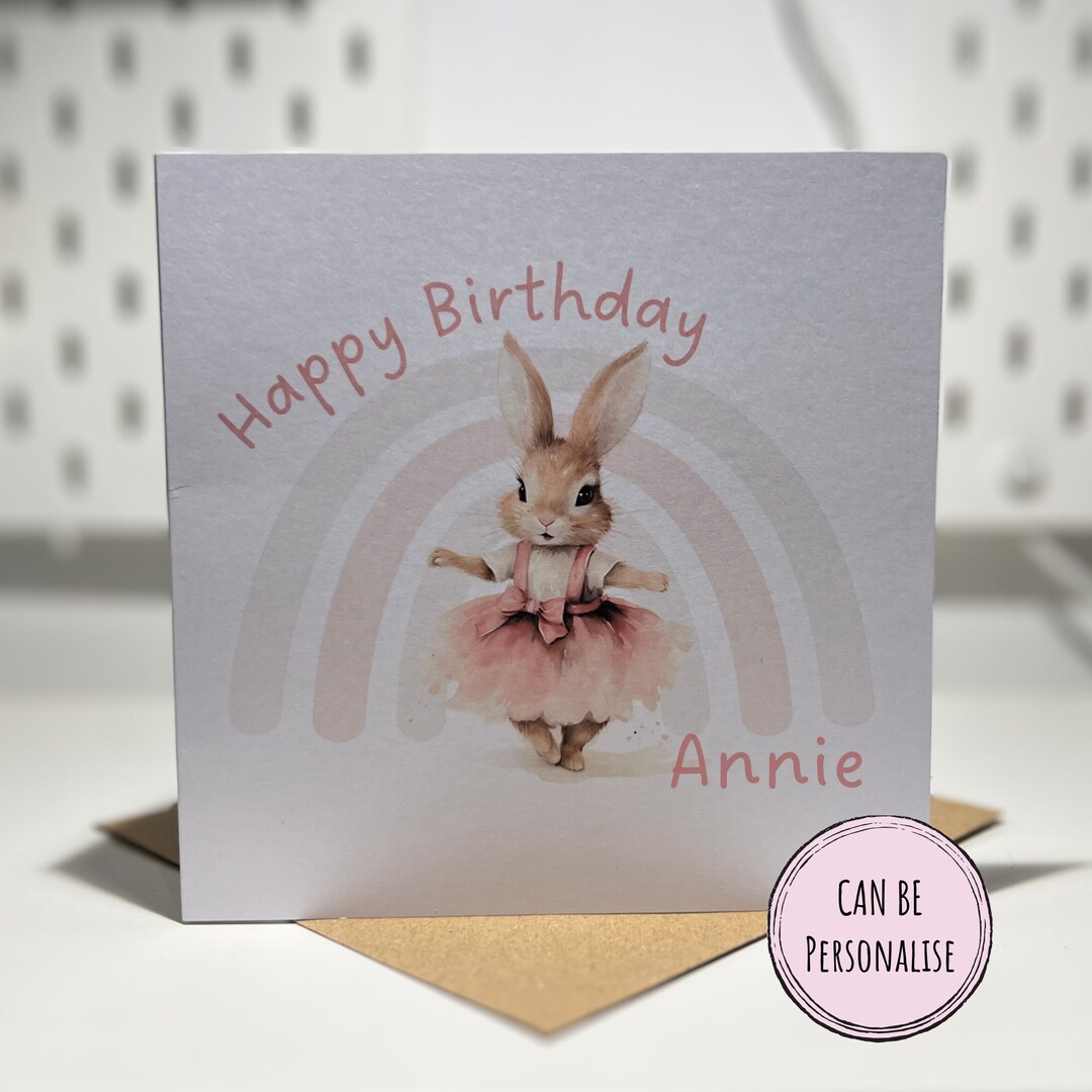 Pink Rainbow Birthday Bunny Pink Birthday Card Baby Girl Birthday Card ...