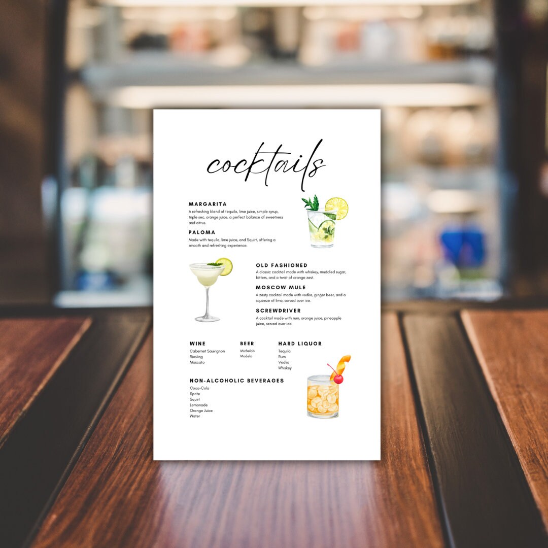 Cocktail Menu Template for Weddings, Engagements, Birthdays, and Other ...