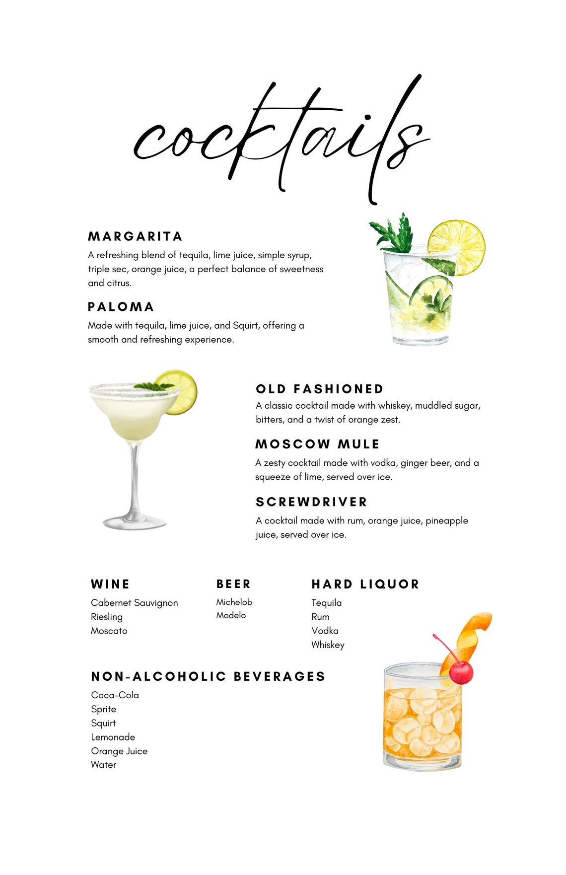 Cocktail Menu Template for Weddings, Engagements, Birthdays, and Other ...