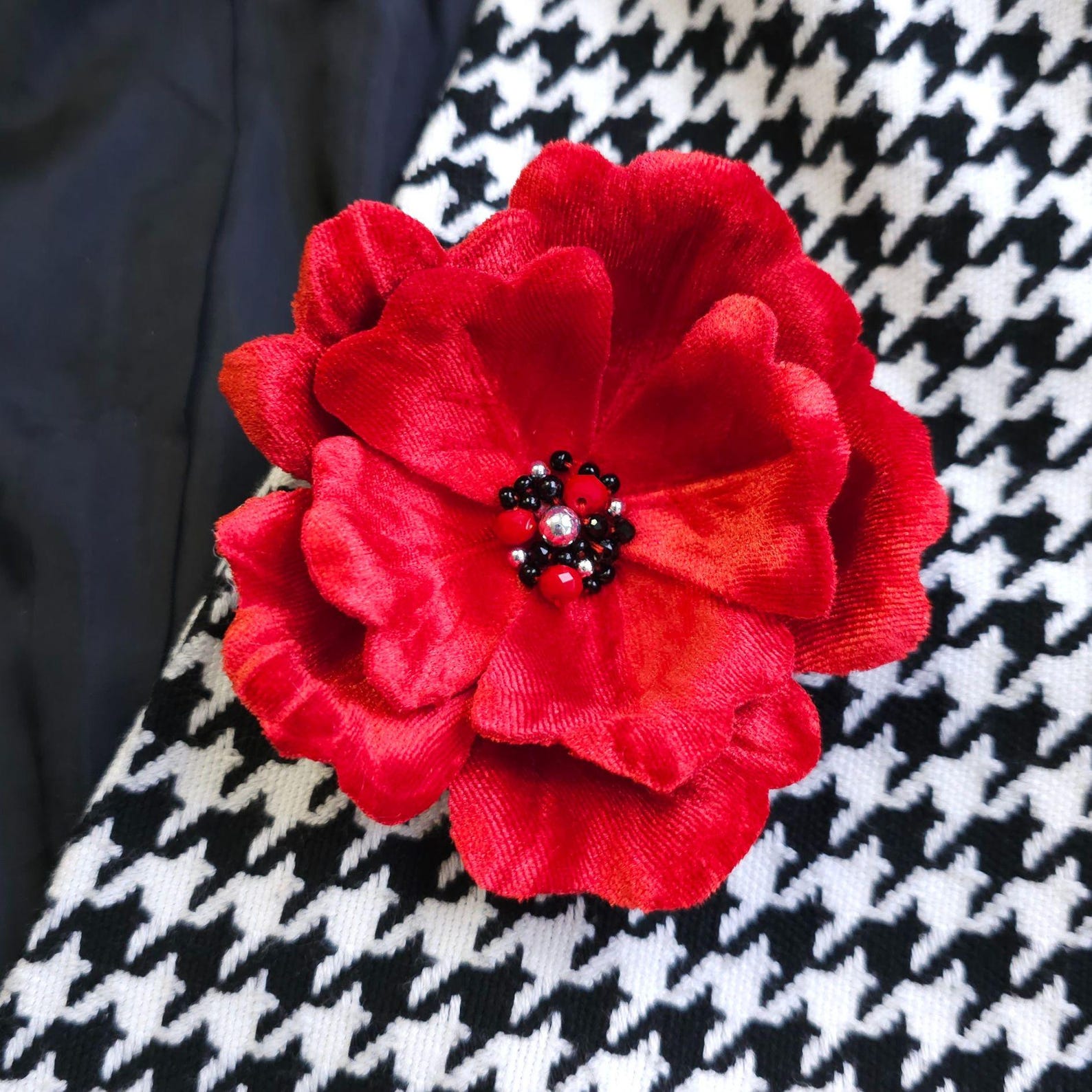 Red Velvet Fabric Brooch With Beads, Handmade Statement Pin, Elegant ...