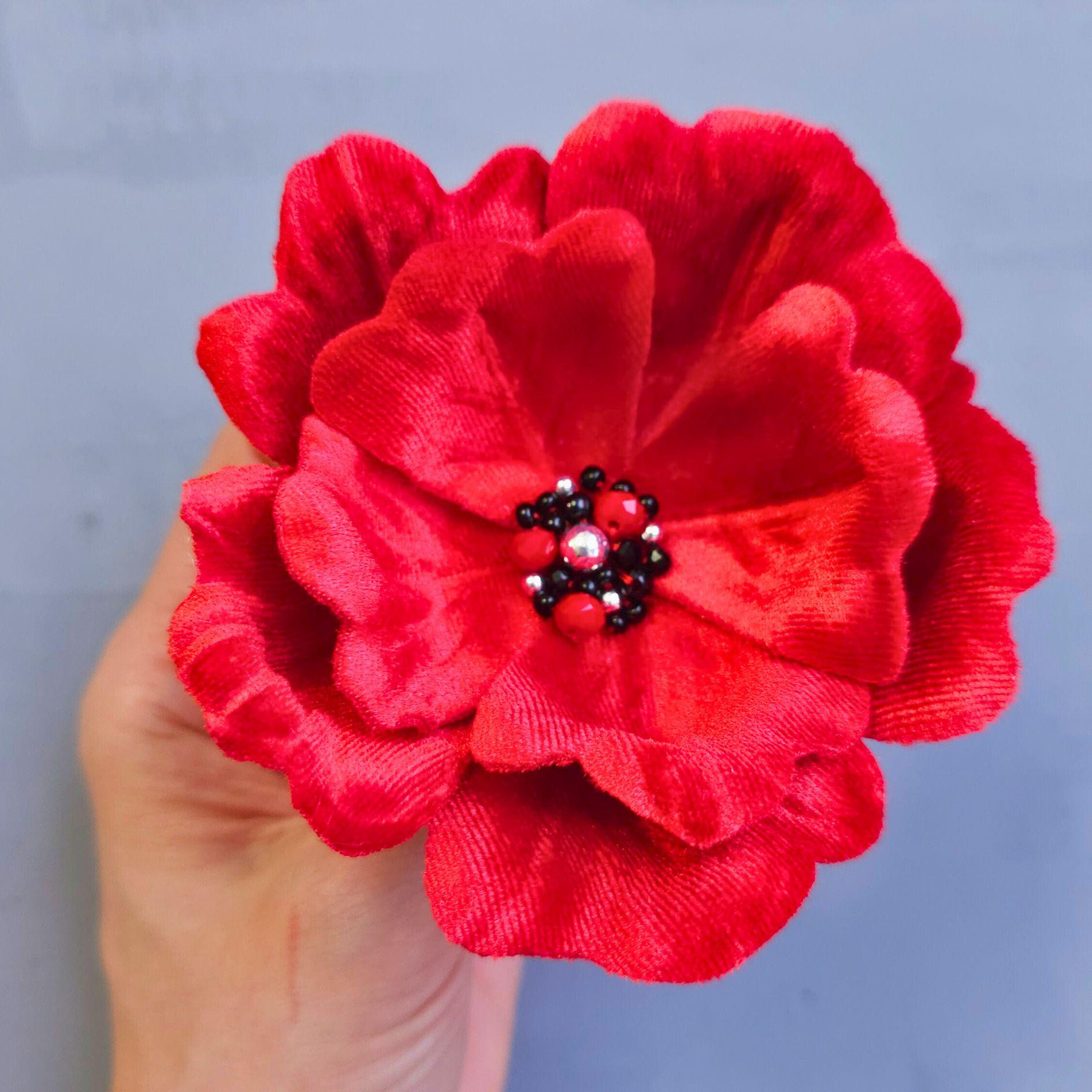 Red Velvet Fabric Brooch With Beads, Handmade Statement Pin, Elegant ...