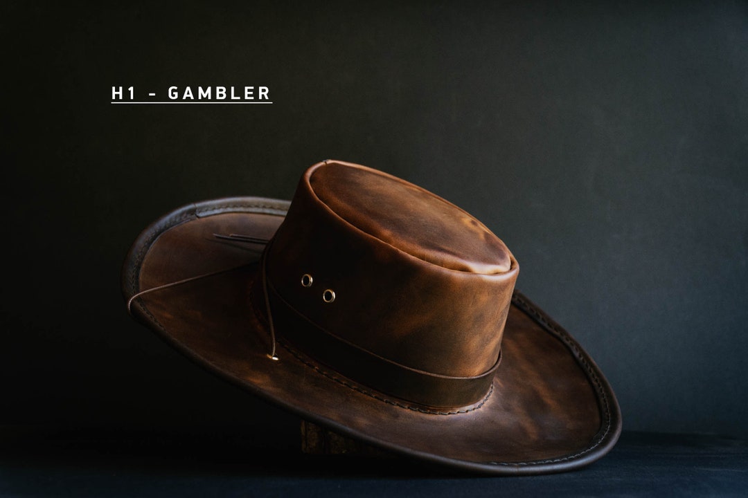 H1 Handmade Leather Gamblers Cowboy Hat Crazy Horse Full Grain Leather ...