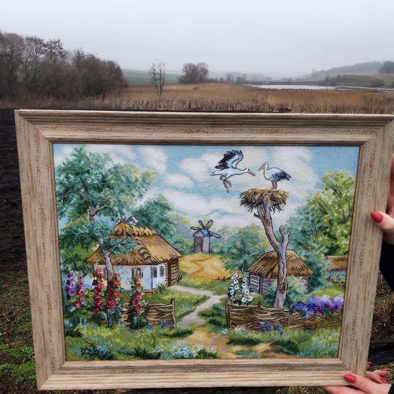 Scenic Landscape Cross Stitch Chart: Storks Nest, Rustic Home Decor ...