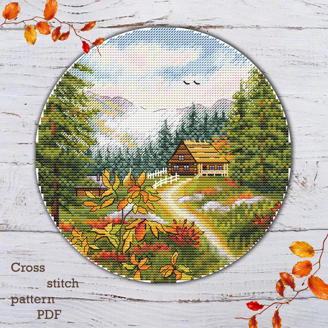 Autumn Mountain Landscape Cross Stitch Pattern: Cozy House, Spruce ...