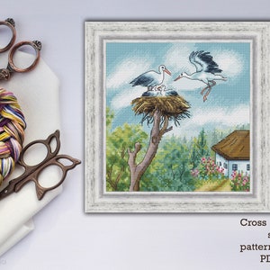 Stork Nest Cross Stitch Pattern: Modern Embroidery Design (PDF) - Etsy
