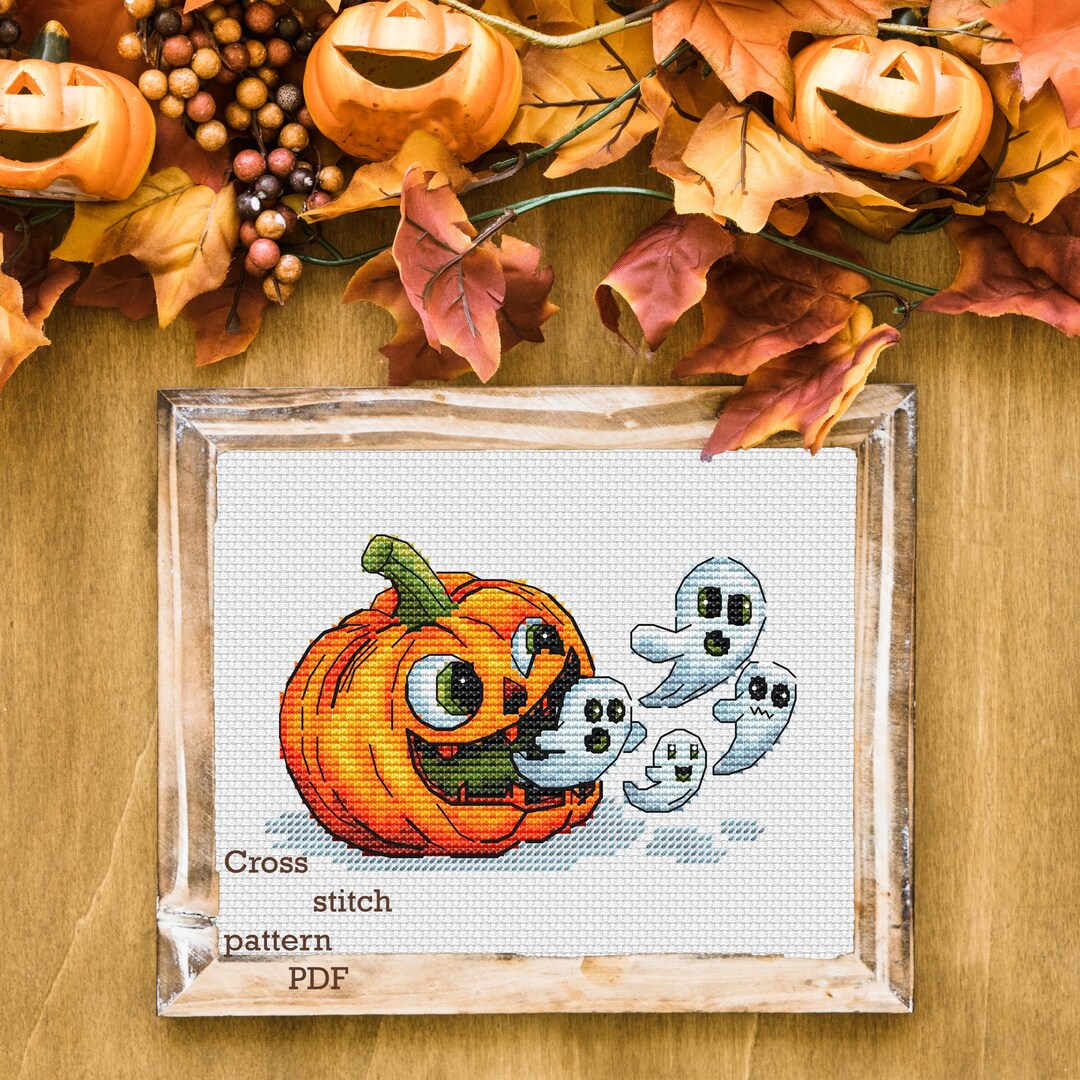 Halloween Pumpkin & Ghosts Cross Stitch Pattern: Whimsical Spooky Decor ...