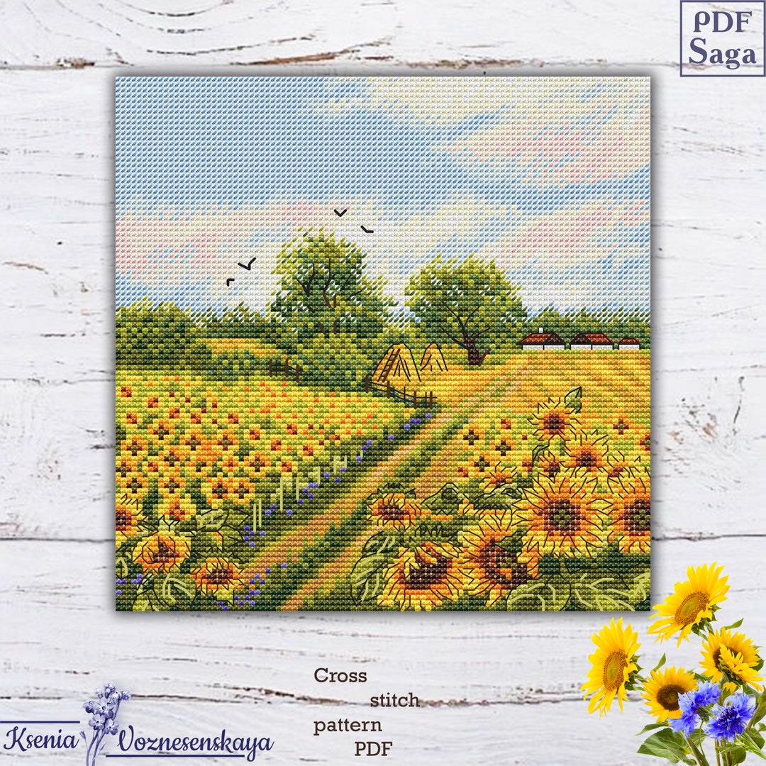 Field With Sunflowers Cross Stitch Pattern , Summer Nature, Yellow ...