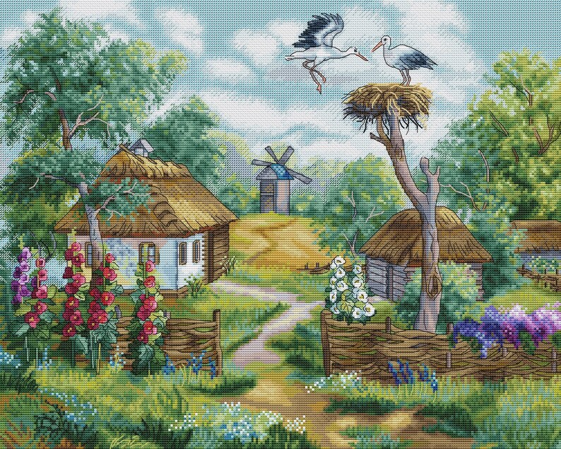 Scenic Landscape Cross Stitch Chart: Storks Nest, Rustic Home Decor ...
