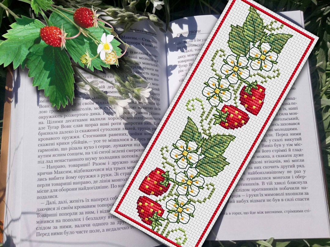 Bookmark Cross Stitch Pattern Strawberry Flowers Instant Download Book ...