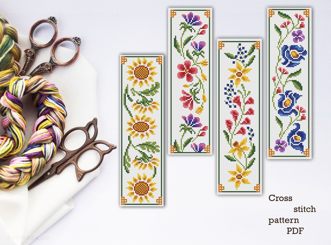 4 Bookmarks Cross Stitch Pattern Flowers Instant Download | Etsy