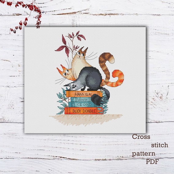 Cross Stitch Pattern Cats and Books Book Cross Stitch Cute - Etsy