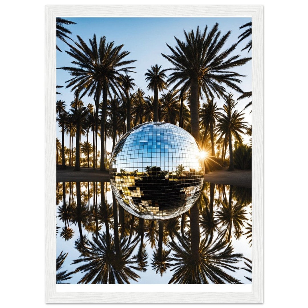 Disco Ball Palm Trees Wall Art Classic Semi-glossy Paper Wooden Framed ...
