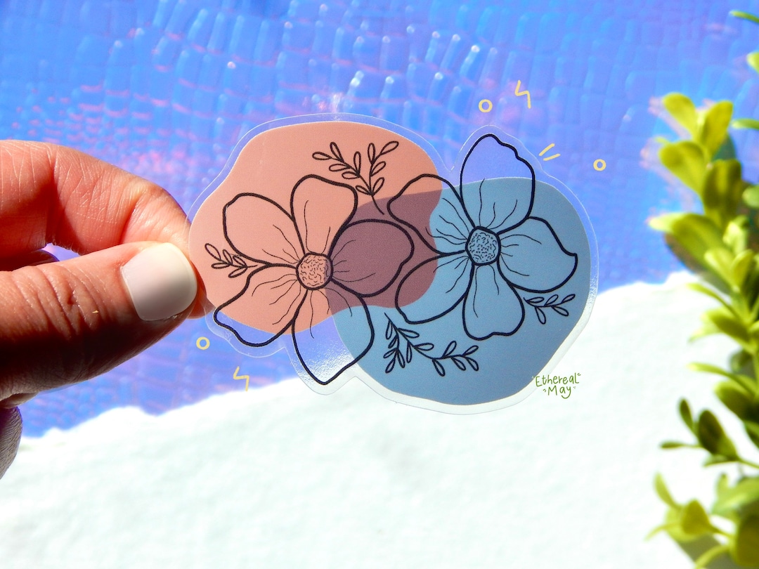 Floral Pink and Blue Clear Vinyl Sticker Cute Floral Sticker Pink ...