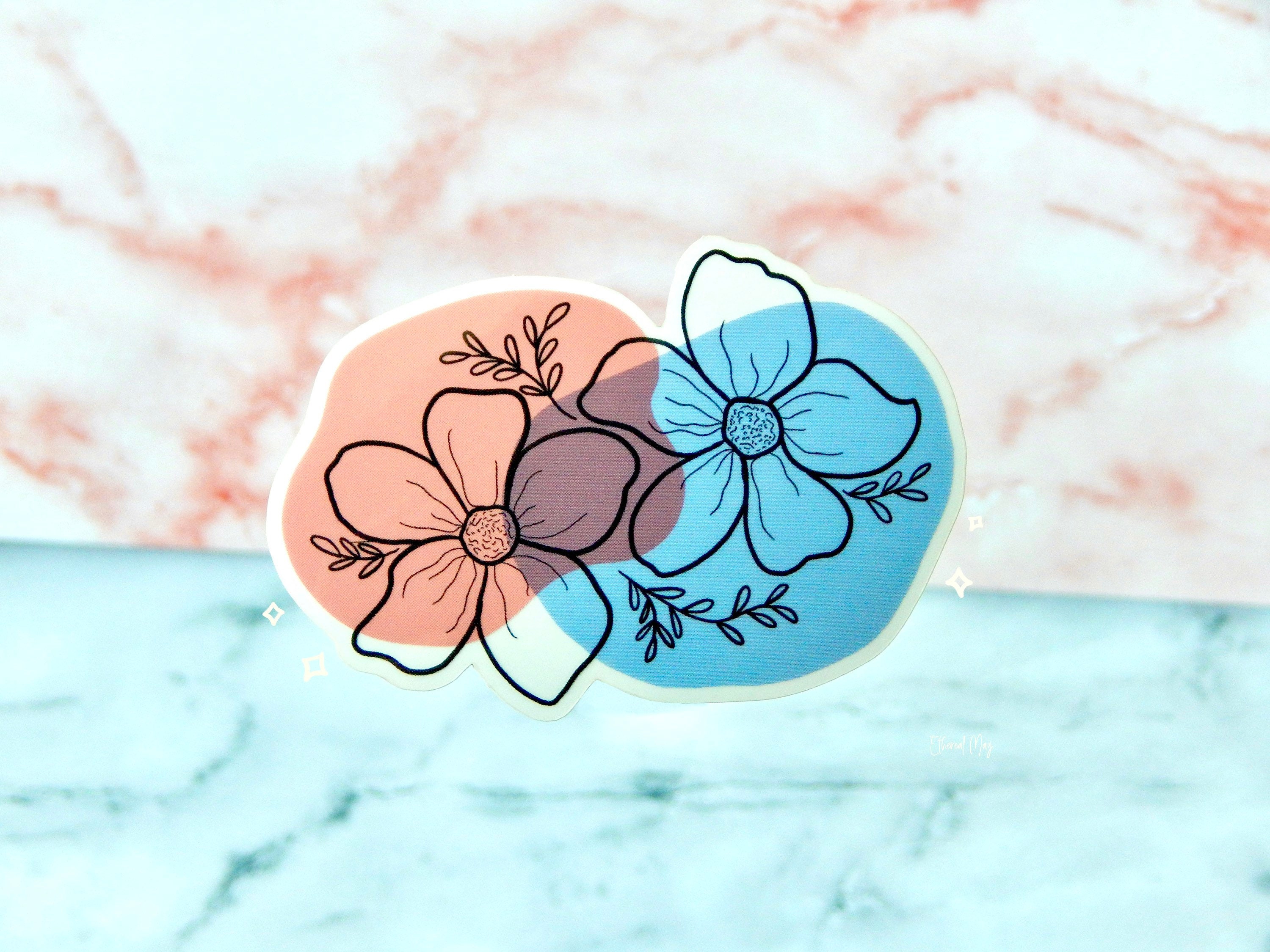 Floral Pink and Blue Clear Vinyl Sticker Cute Floral Sticker | Etsy