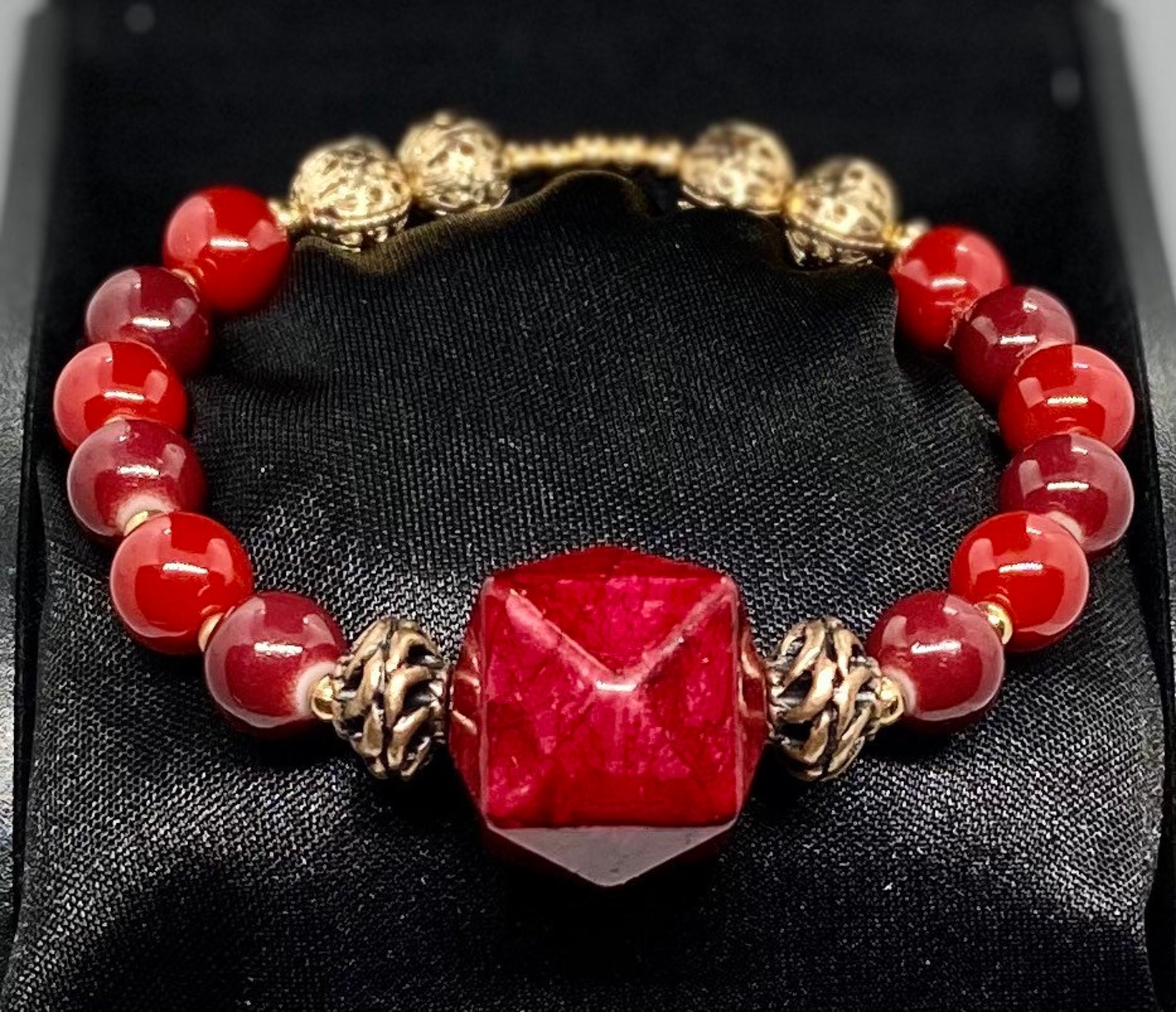 Mens Red Royalty stretch beaded bracelet metal/glass beads | Etsy