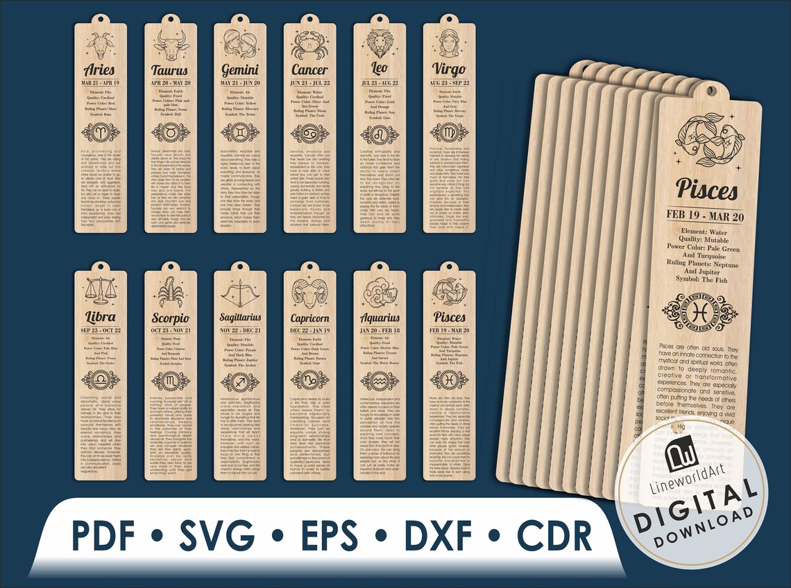 Astrology Laser Cut Files, Bookmark Set Glowforge Wood, Zodiac Laser ...