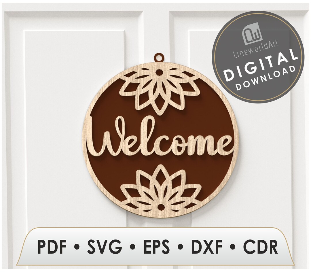 Welcome Lotus Door Hanger Sign Laser Cut Files, Wooden Round Door ...