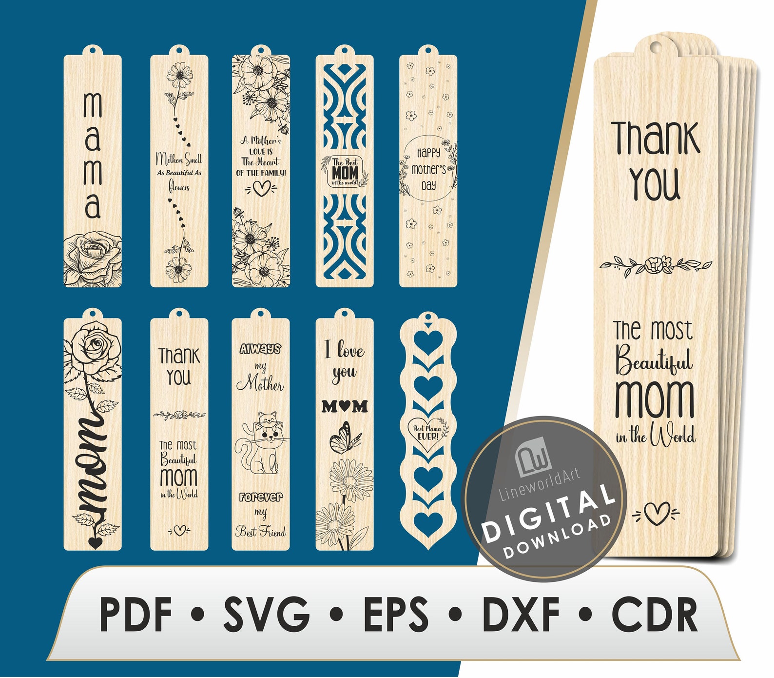 10 Bookmark Laser Cut Files, Mothers Day Bookmark Svg Set, Mothers Day ...