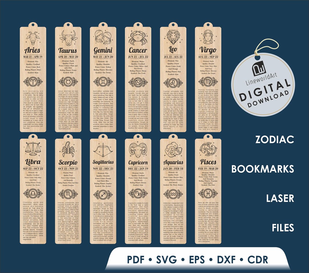 Zodiac Bookmarks Laser Cut Files, Astrology Signs SVG, Horoscope PDF ...