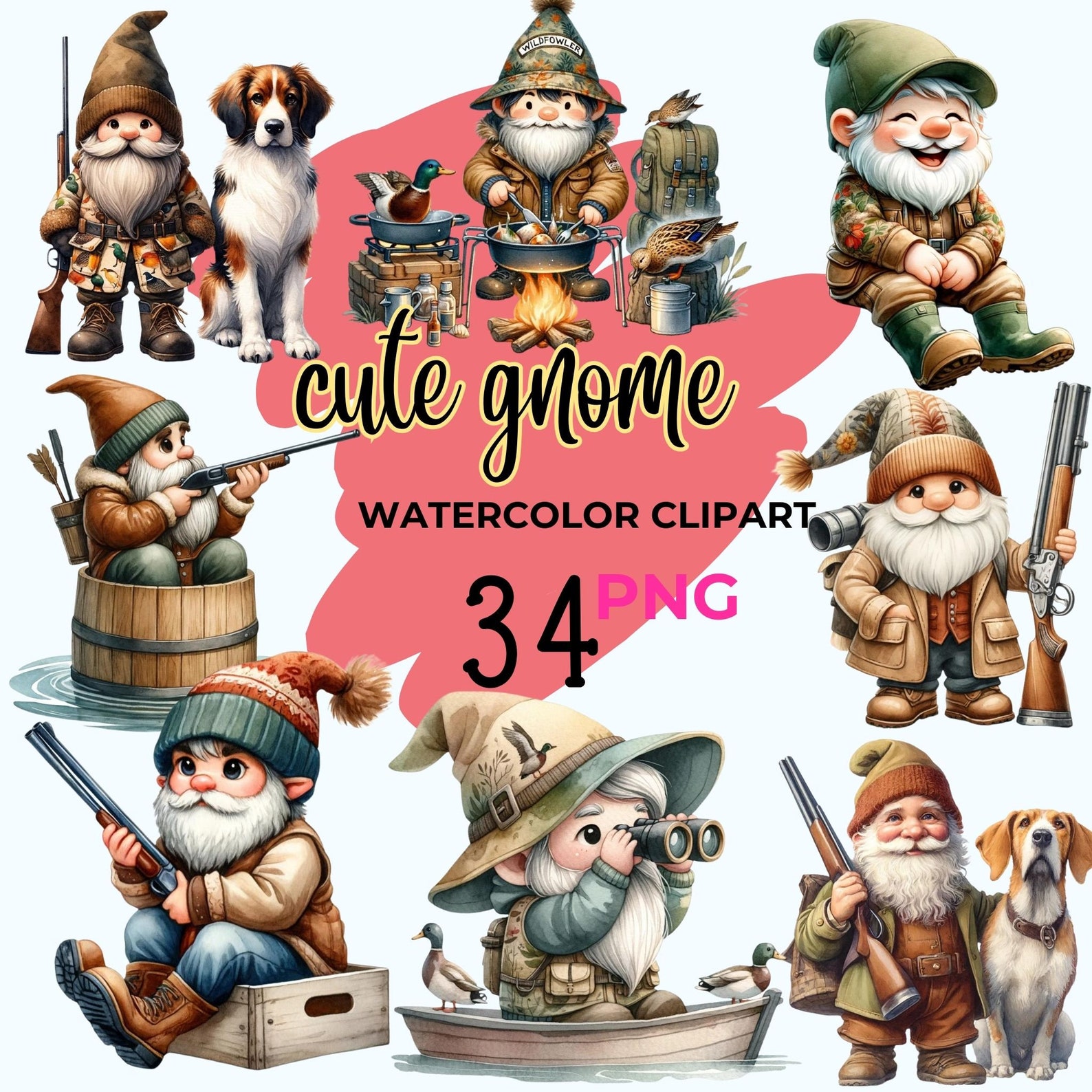 34PNG: Hunting Gnome, Duck Hunting Png, Wildfowler Decoy, Watercolor ...