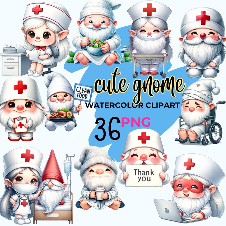 36 Nurse Gnome Png, Set A: Watercolor Nurse Clipart Png, Medical Gnome ...