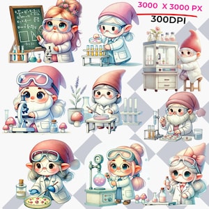 Watercolor Science Gnome Clipart: Laboratory PNG Bundle (digital ...