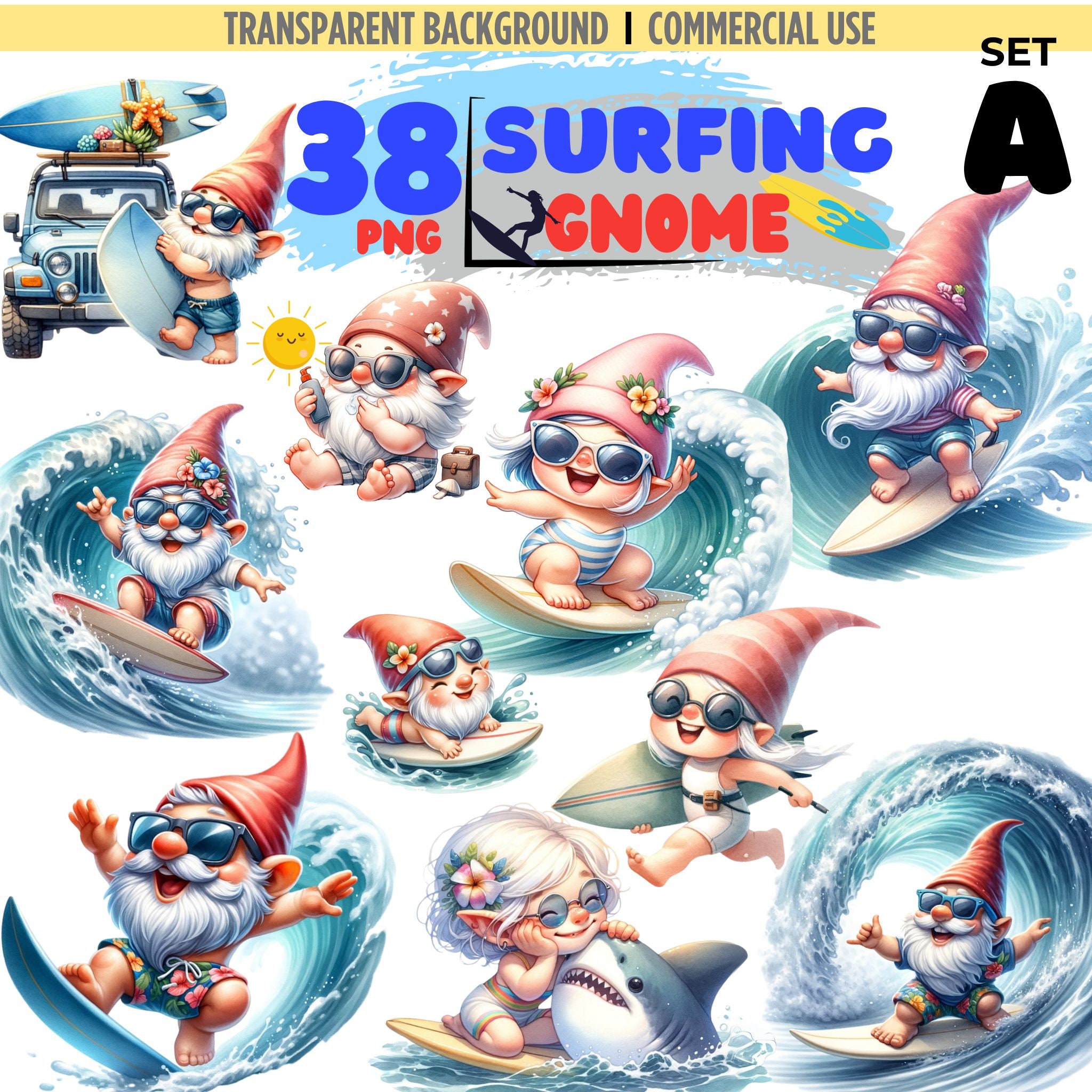 Surf Gnome Clipart 38 PNG Set A: Summer Clipart, Beach Gnome Clipart ...