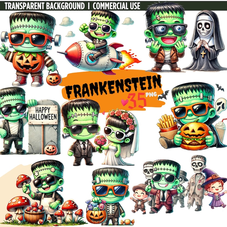 35PNG Halloween Clipart Watercolor: Halloween Frankenstein PNG ...