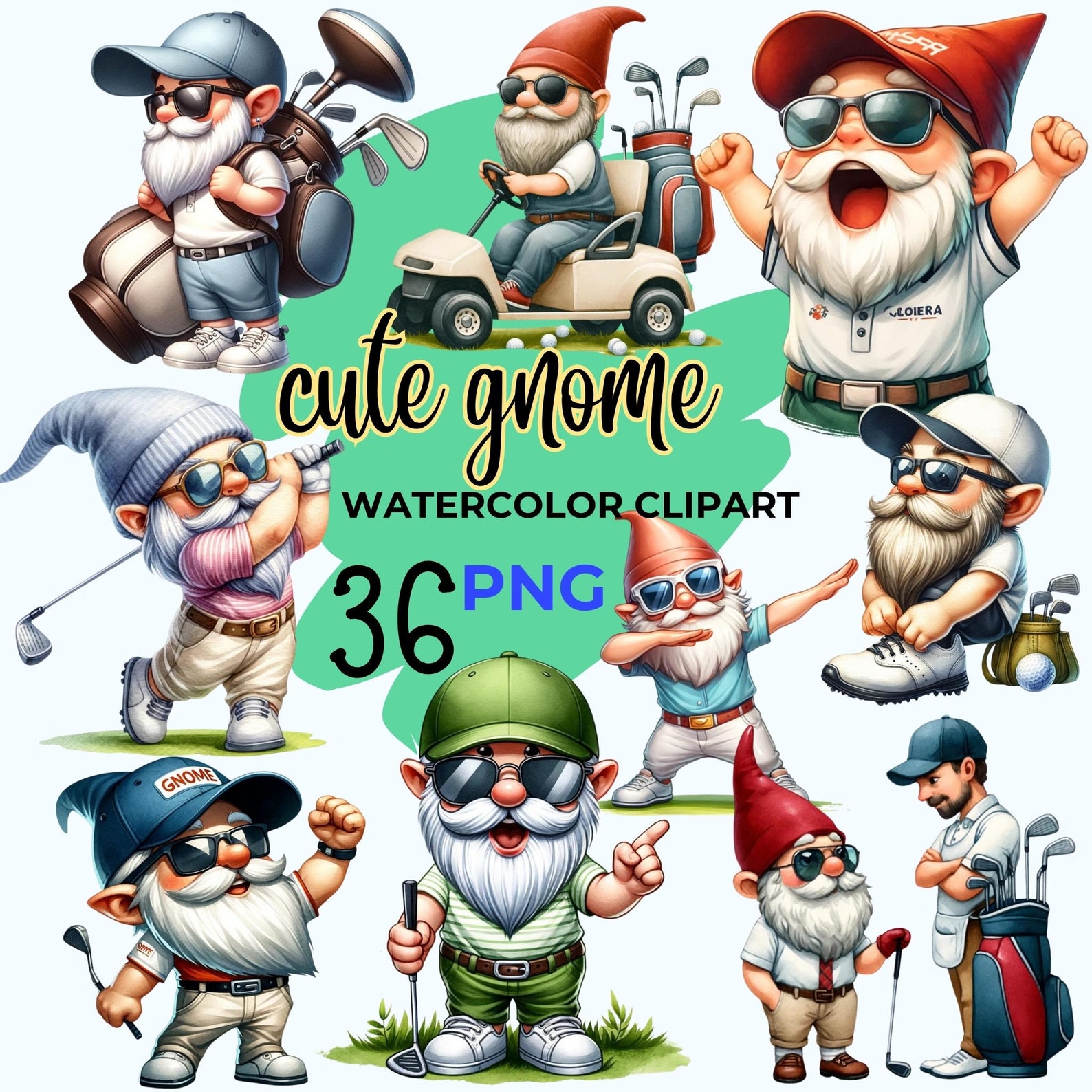 36 PNG: Golf Gnome Clipart, Watercolor Golfer Gnome Clipart, Cute ...