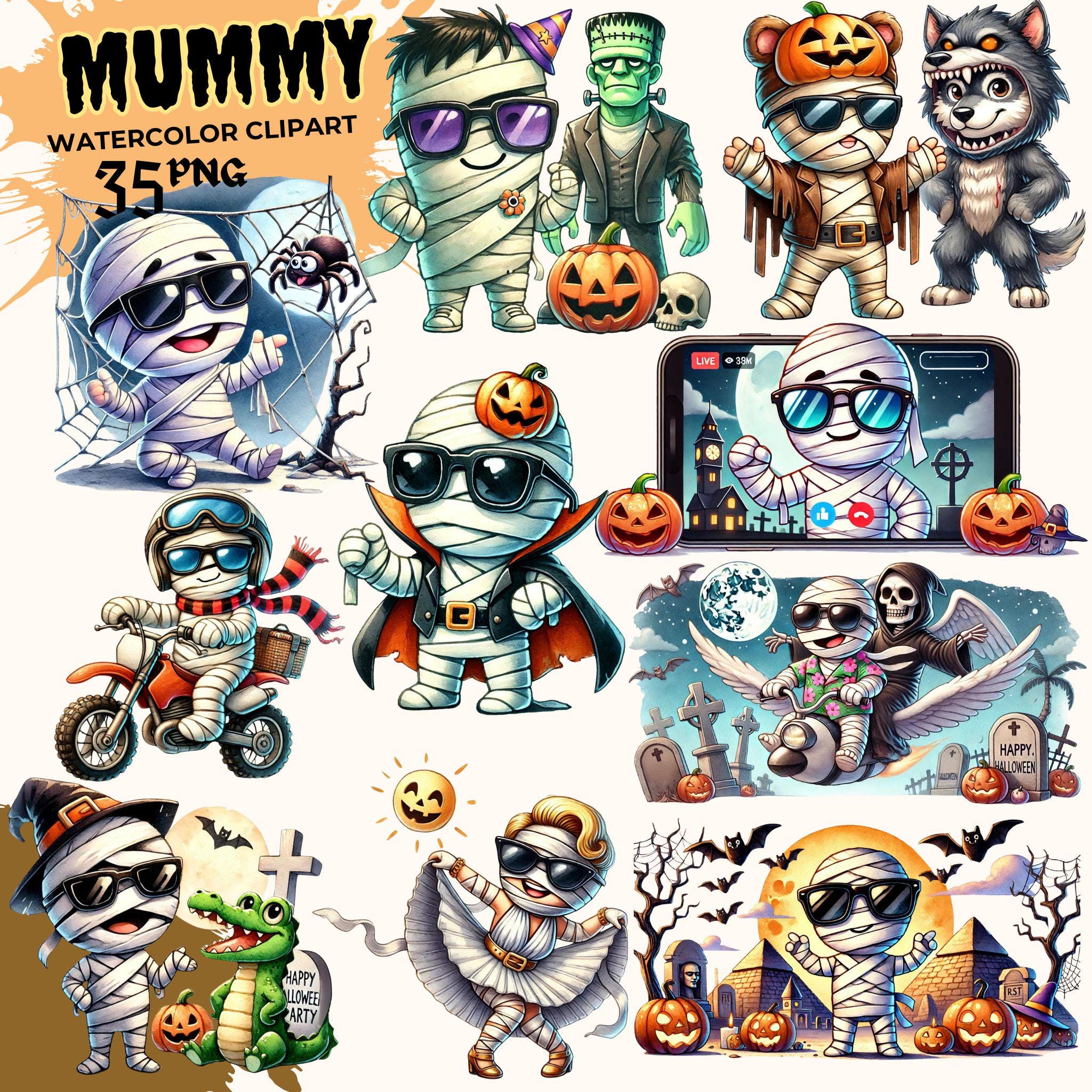 35 Spooky Mummy Halloween Clipart: Watercolor PNG Bundle (digital ...