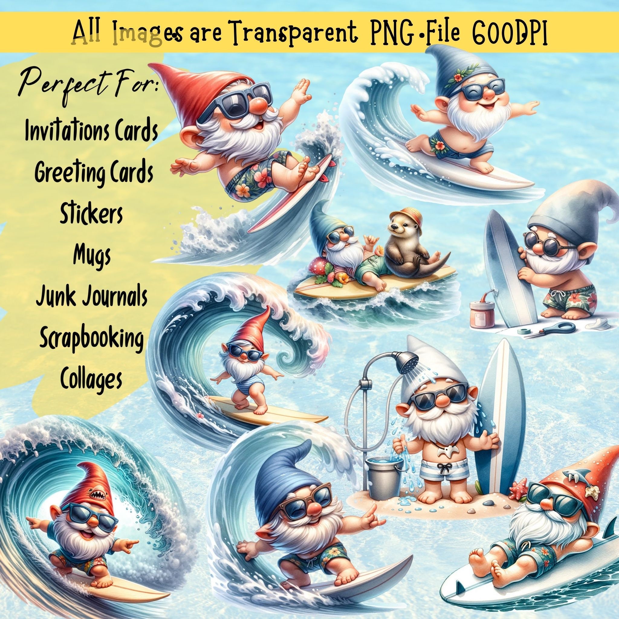 Surf Gnome Clipart 38 PNG Set A: Summer Clipart, Beach Gnome Clipart ...