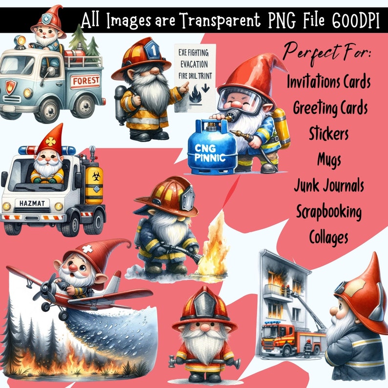 29PNG Cute Firefighter Gnome Clipart Set B: Fireman Gnomes Watercolor ...