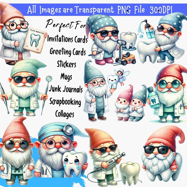 Dentist Gnome Clipart: Watercolor Dental Clinic PNG Set (36, Digital ...