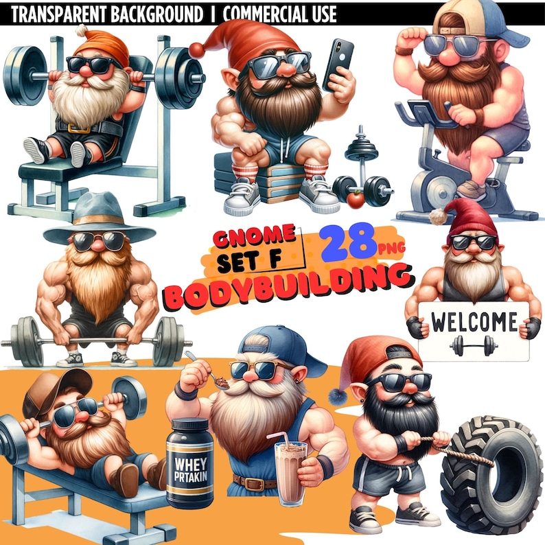 28 PNG Set F : Bodybuilder Gnome PNG, Workout Gnome, Fitness Gnomes Clipart, Watercolor Gnome ...