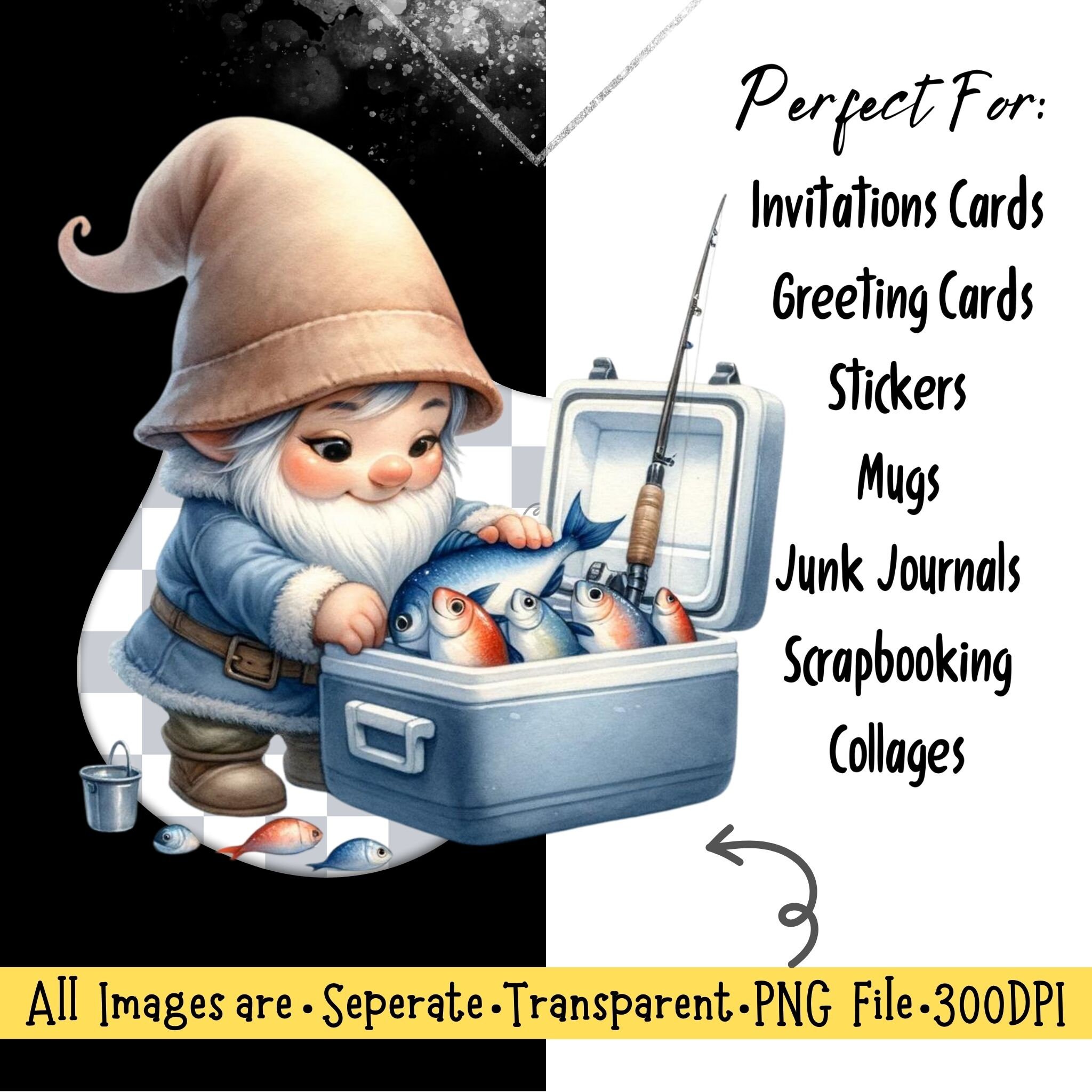Fishing Gnomes 30 PNG Set A: Watercolor Fishing Gnome Clipart Bundle ...