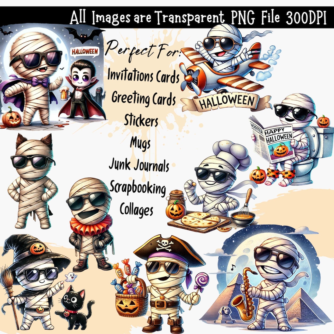 35 Spooky Mummy Halloween Clipart: Watercolor PNG Bundle (digital ...