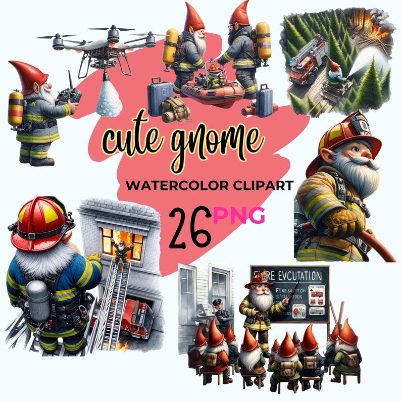 26PNG: Firefighter Gnome Clipart, Fireman Gnome Watercolor, Firefighter ...