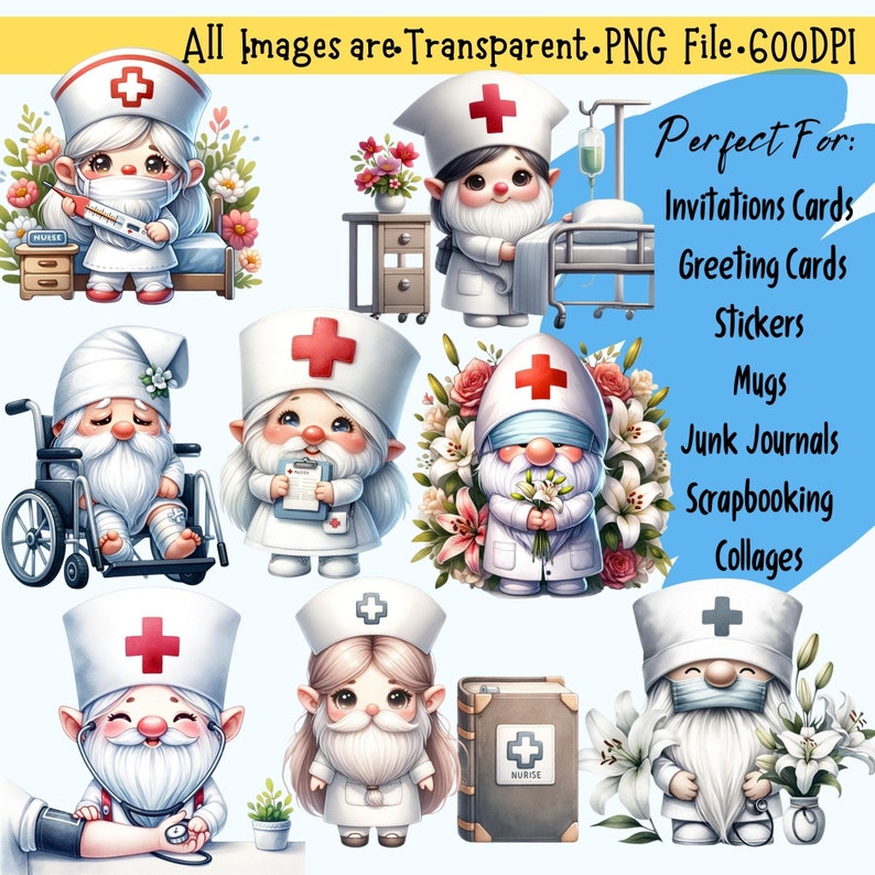 36 Nurse Gnome Png, Set B: Watercolor Nurse Clipart Png, Medical Gnome ...
