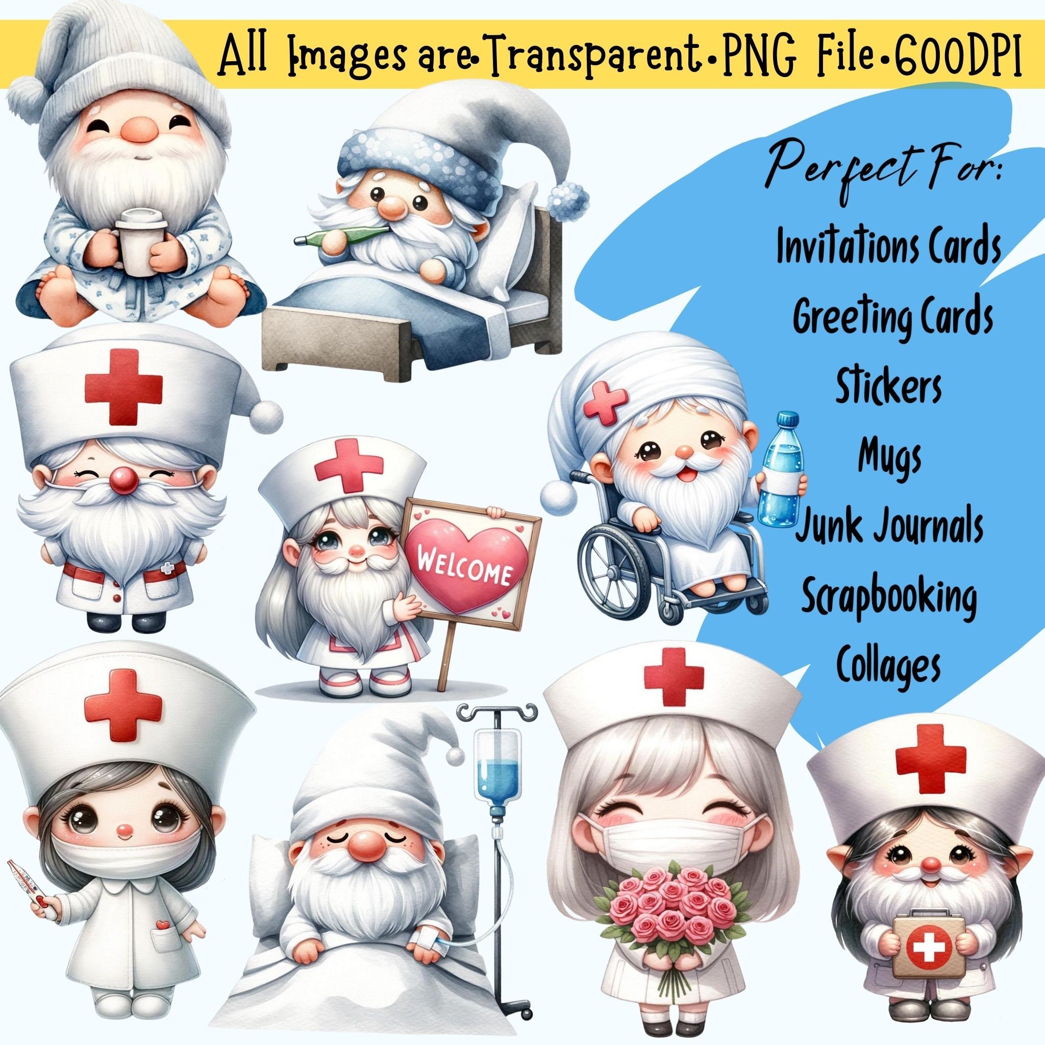 36 Nurse Gnome Png, Set A: Watercolor Nurse Clipart Png, Medical Gnome ...