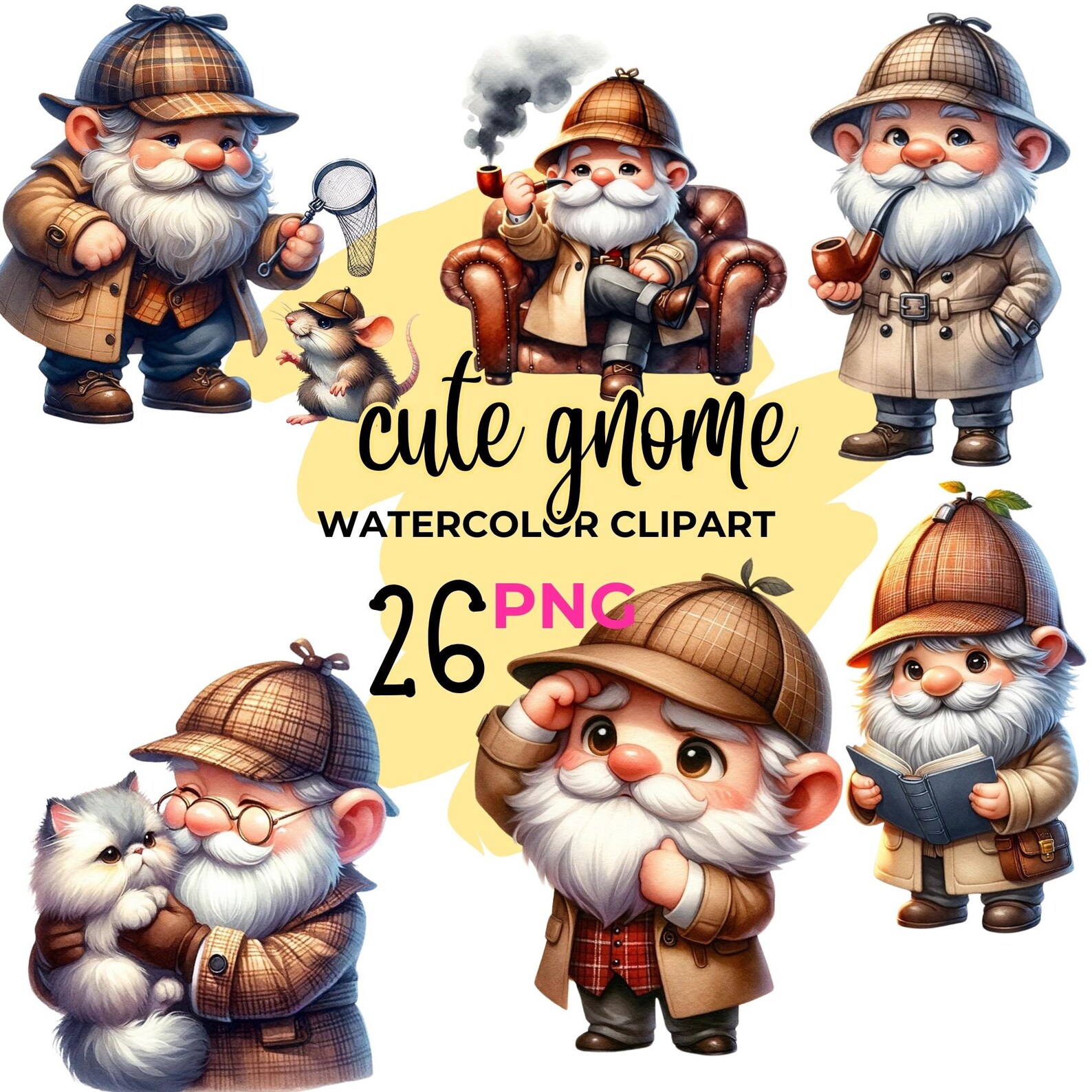 26PNG: Detective Gnome Clipart, Detective Dad, Watercolor Gnome, Police ...
