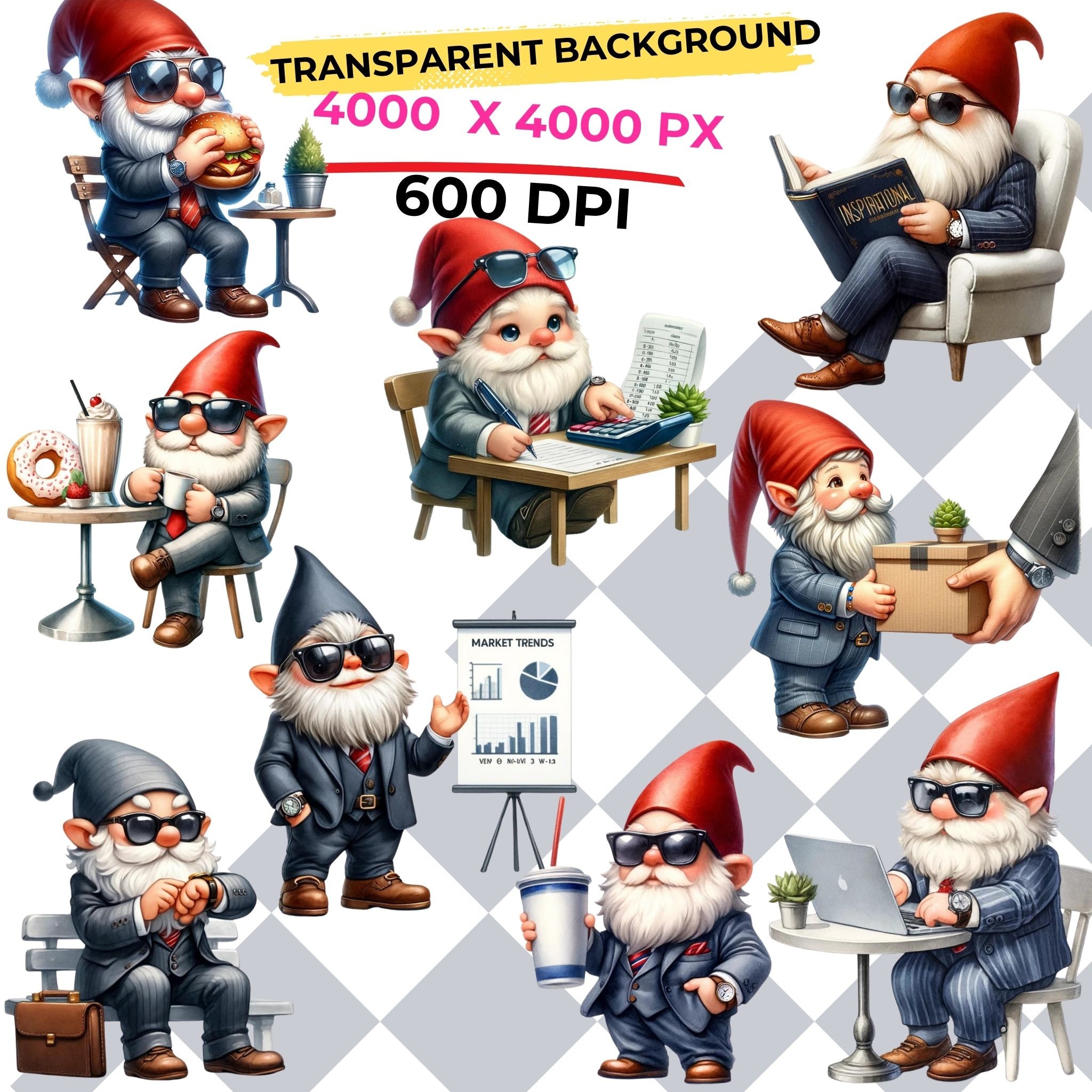 Watercolor Business Gnomes Clipart: Father's Day PNG Bundle (digital ...