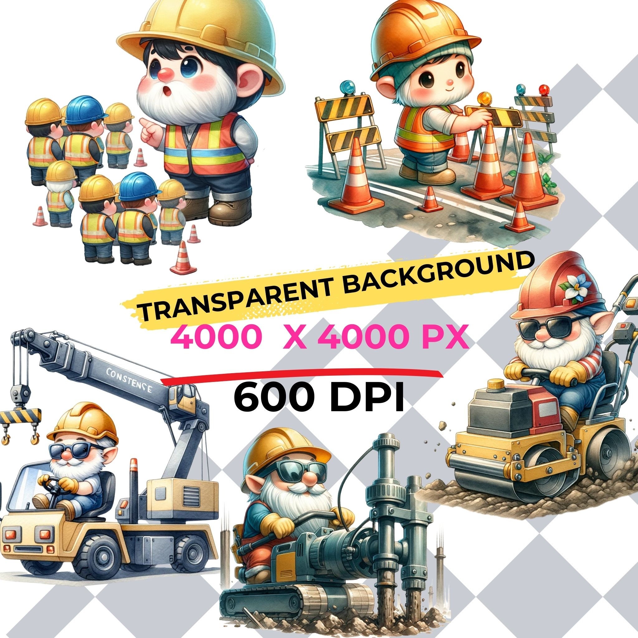 27 PNG Set D: Watercolor Construction Vehicles With Engineer Gnomes ...